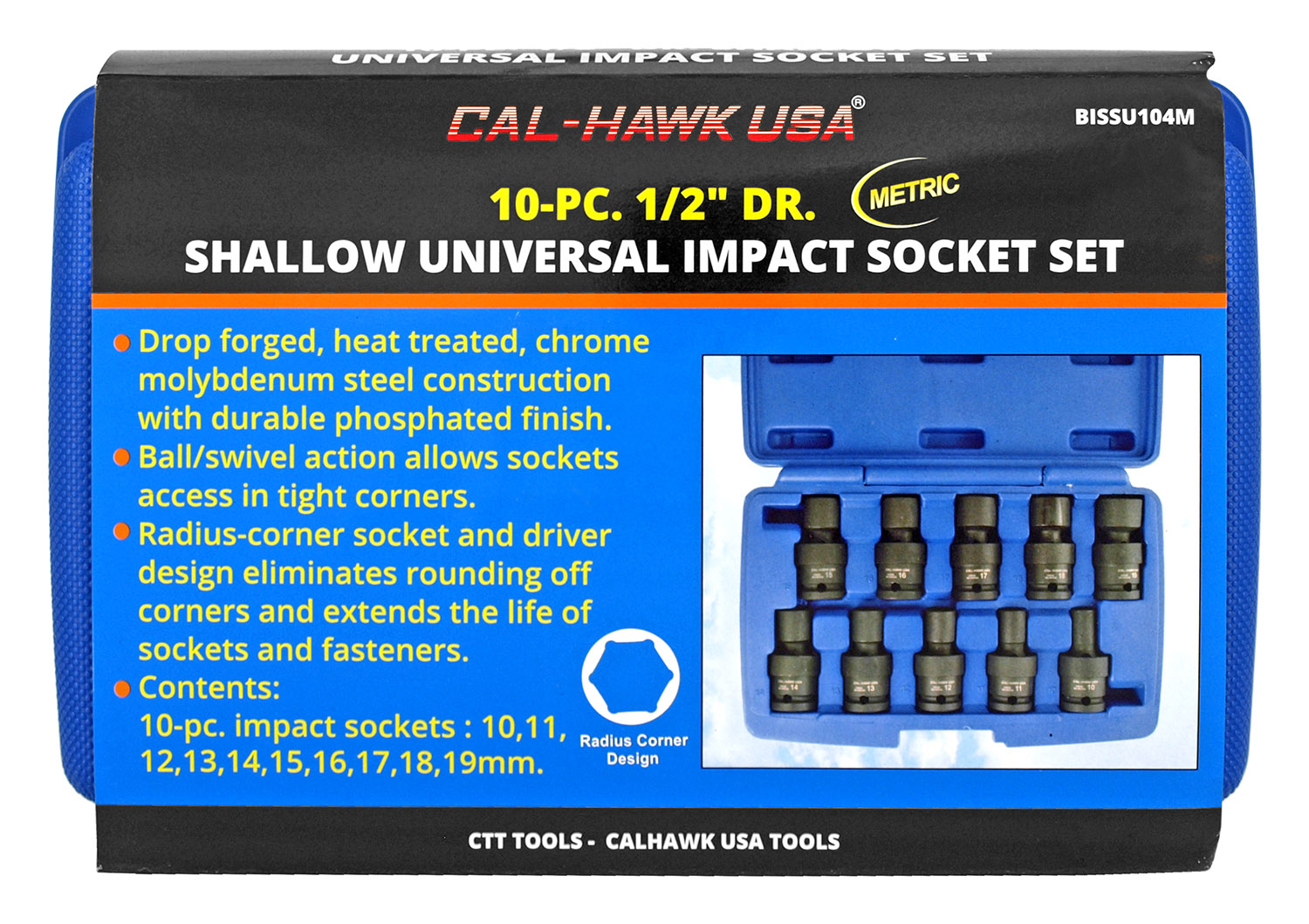 Cal-Hawk 10 - pc. 1/2" Dr. Shallow Universal Impact Socket Set - Metric