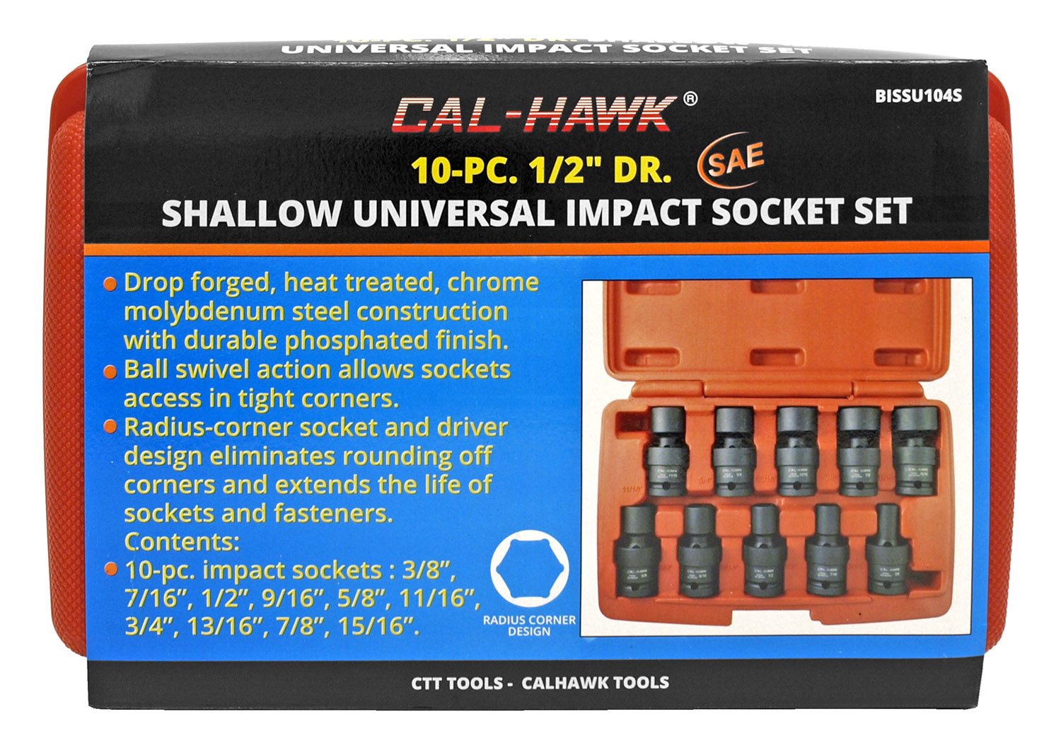 Cal-Hawk 10 - pc. 1/2" Dr. Shallow Universal Impact Socket Set - SAE