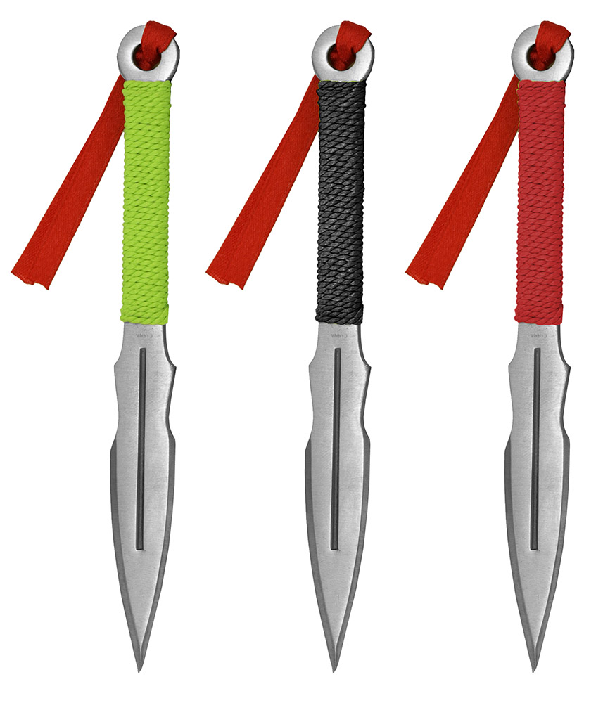 3-pc. Dagger Point Throwing Knives - Black, Green, & Red