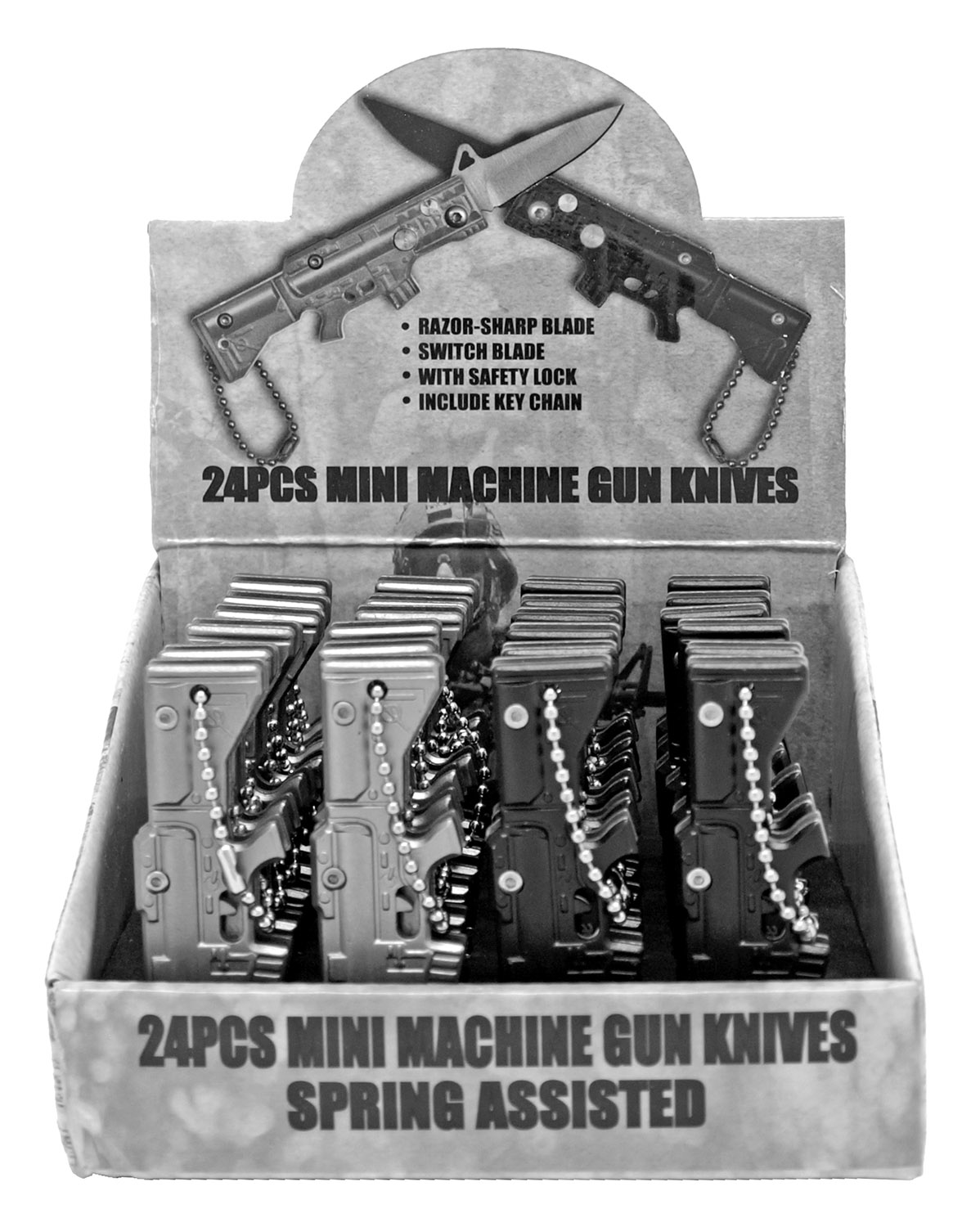 24 - pc. Mini Machine Gun Switchblade Knife Display Set
