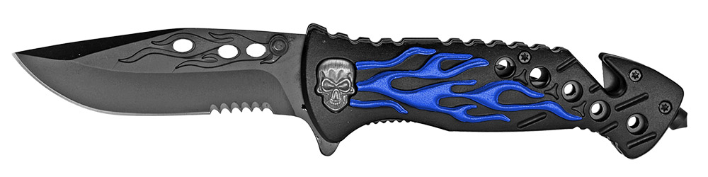 4.5" Spring Assist Flaming Skull Folding Knife - Blue