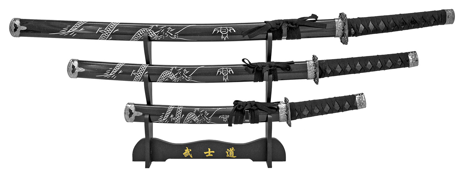 3-pc. Samurai Sword Set - Black Dragon