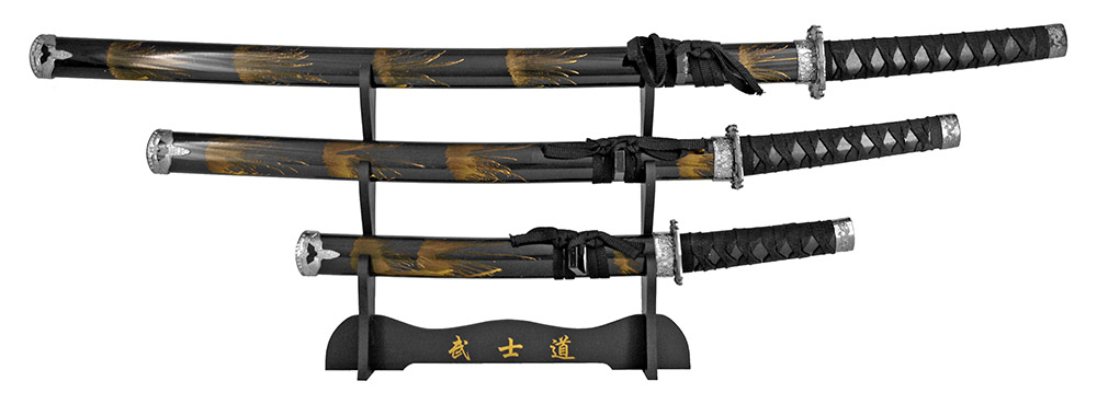 3 Sword Samurai Sword Display - Black