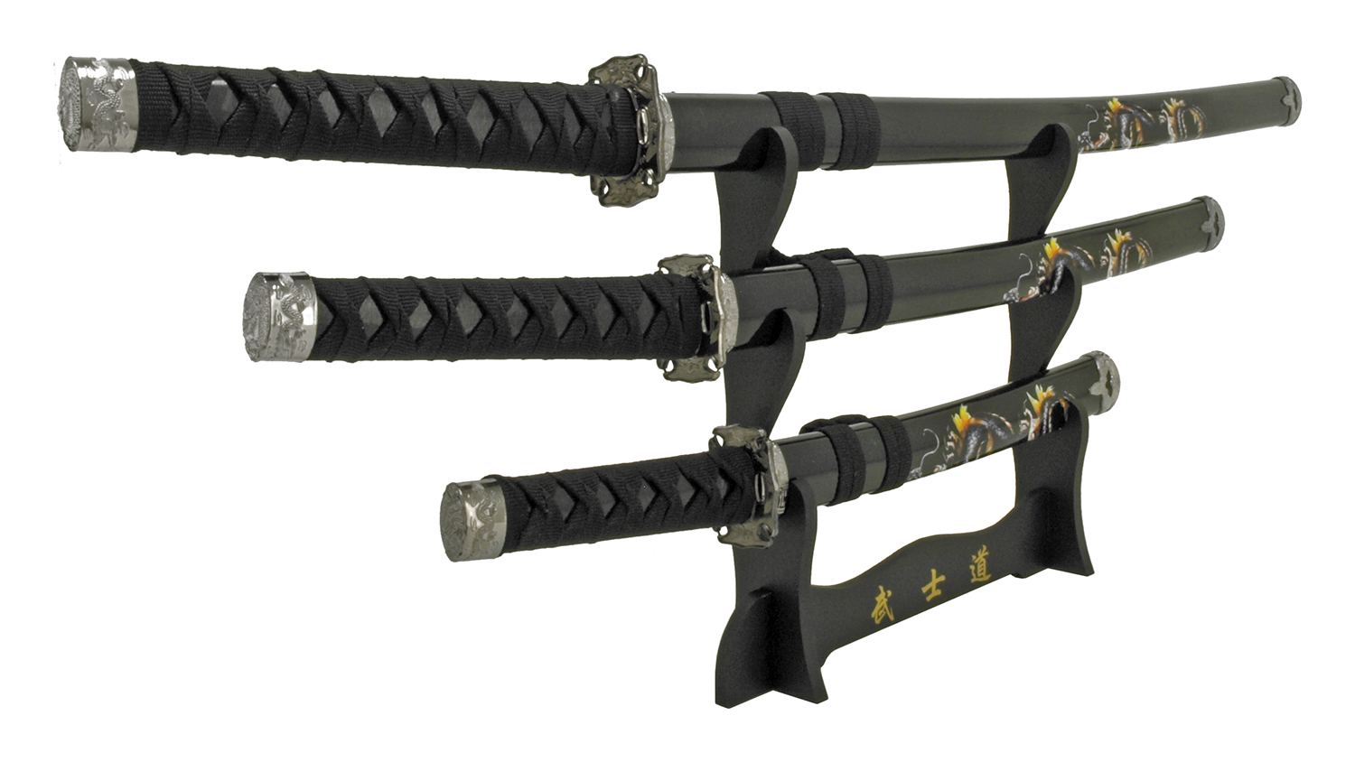 3-pc. Samurai Sword Set - Black Dragon