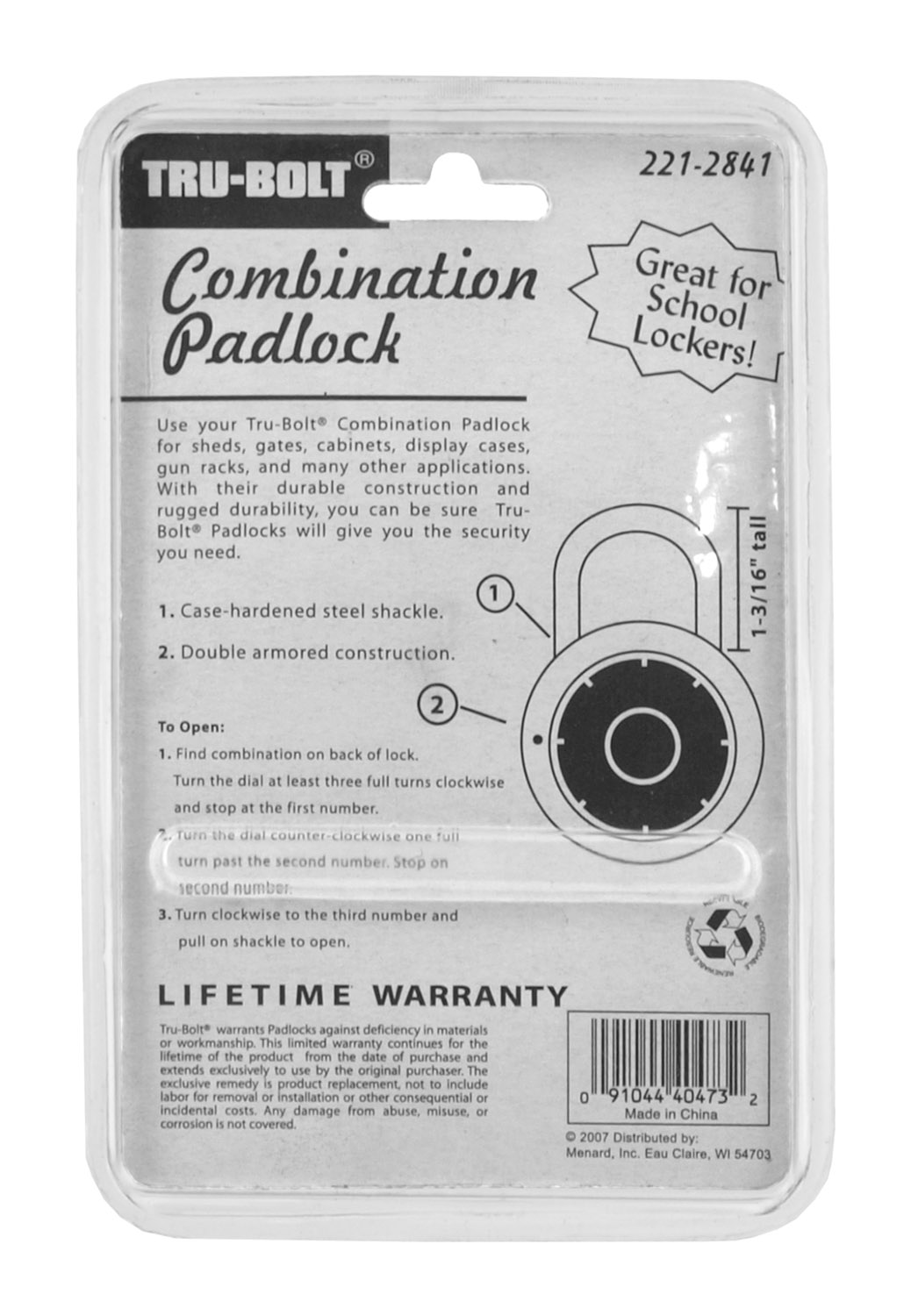 Traditional School Gym Locker Combination Padlock - Tru-Bolt