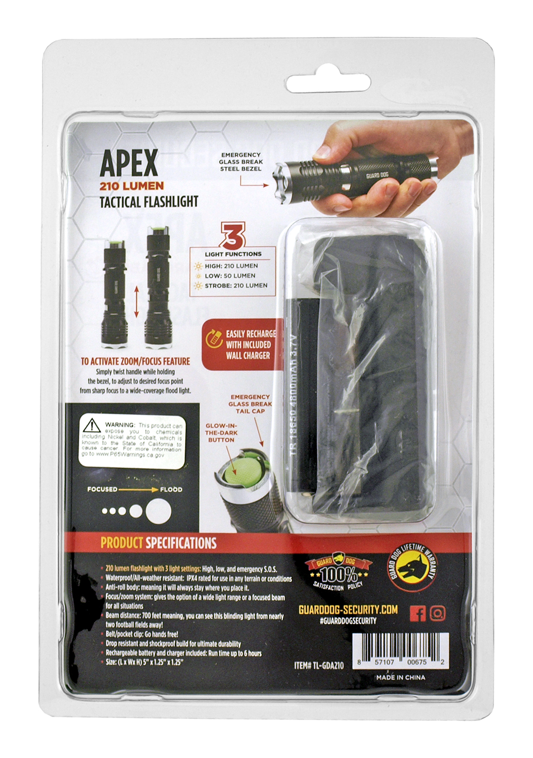 210 Lumen Apex Rechargeable Tactical Flashlight - Guard Dog Security